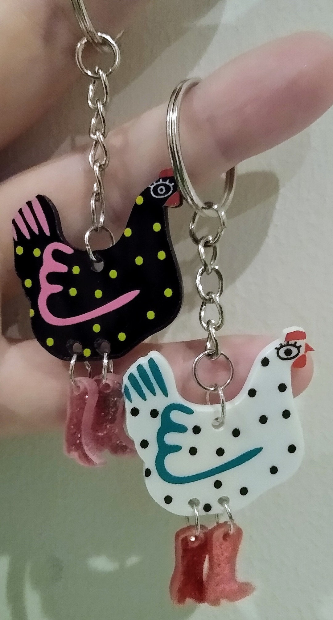 Dingle Dangle Cowboy Boot Chickens, Black, White, Pink, Floral Keyring ...