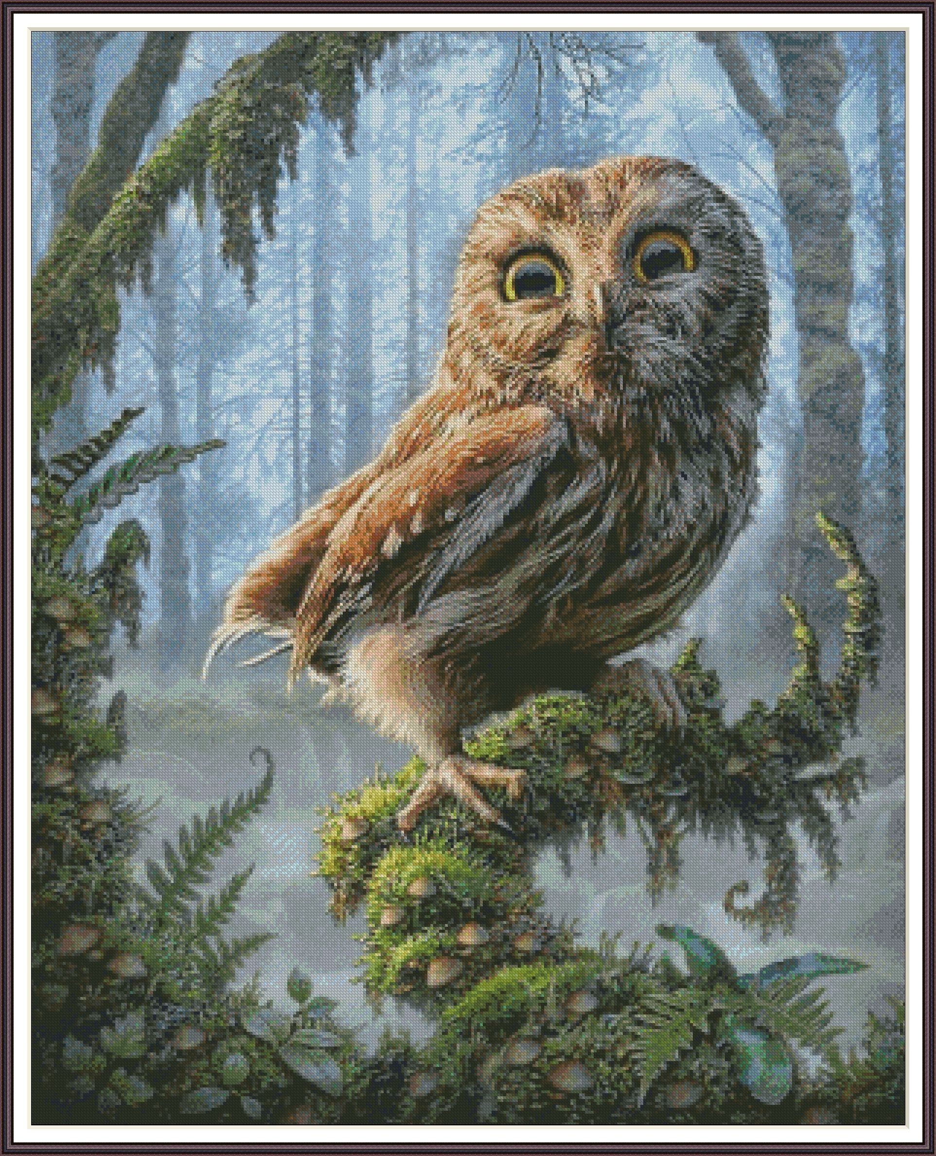 Barred Owl Perched Family Tree Colourful Owl- Chart Counted Cross ...