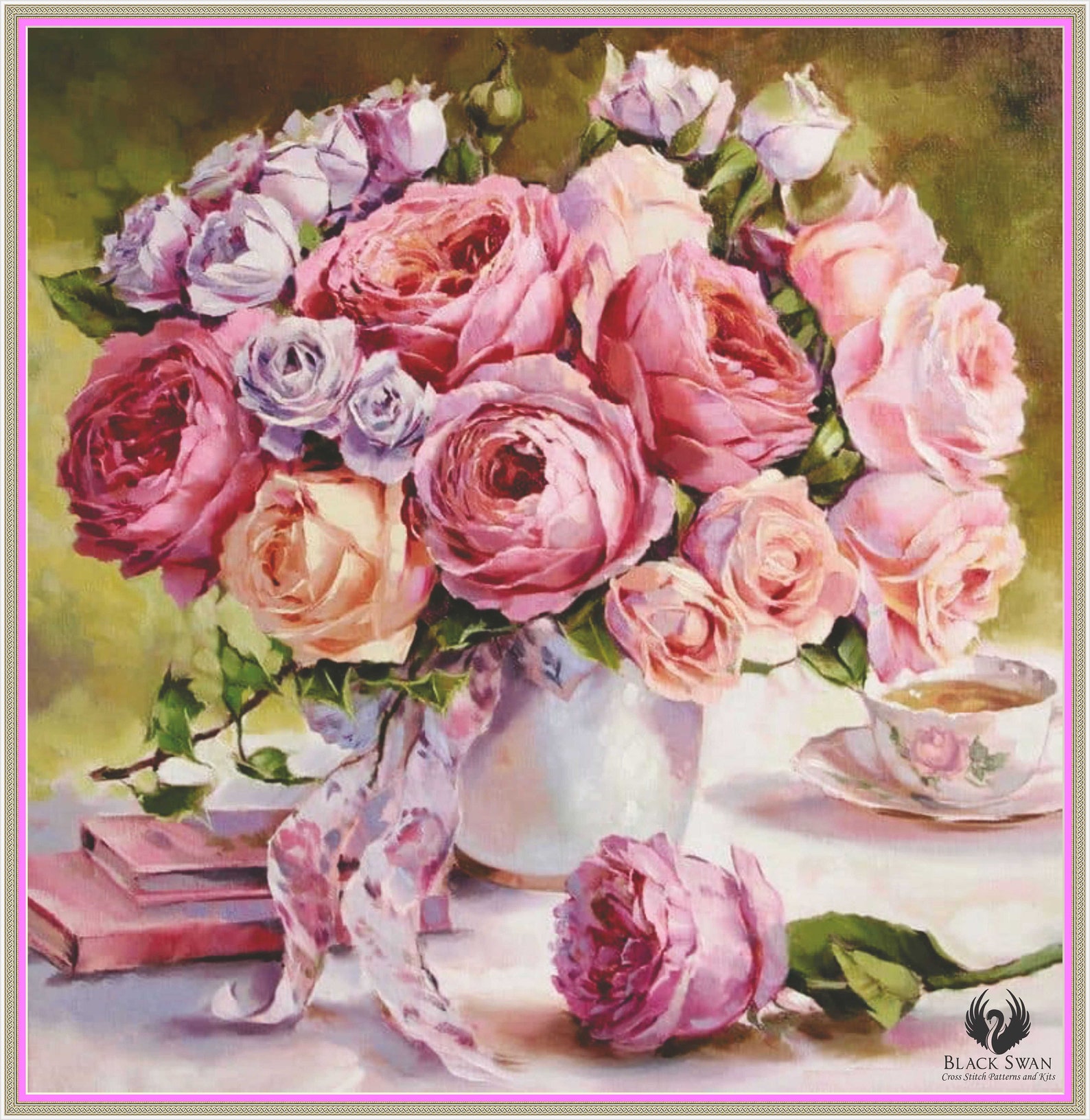 Pink Garden Roses Flowers - Chart Counted Cross Stitch Pattern ...