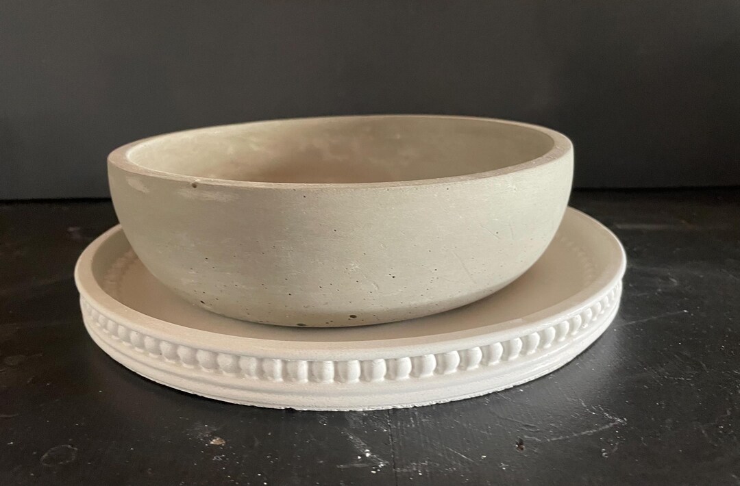 Cement Planter W/beaded Tray | Concrete Water Saucer | Candle Vessel ...