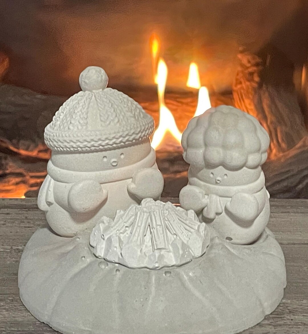 4pc Set | Cement Snowmen & Fire Logs | Concrete Winter Decor ...