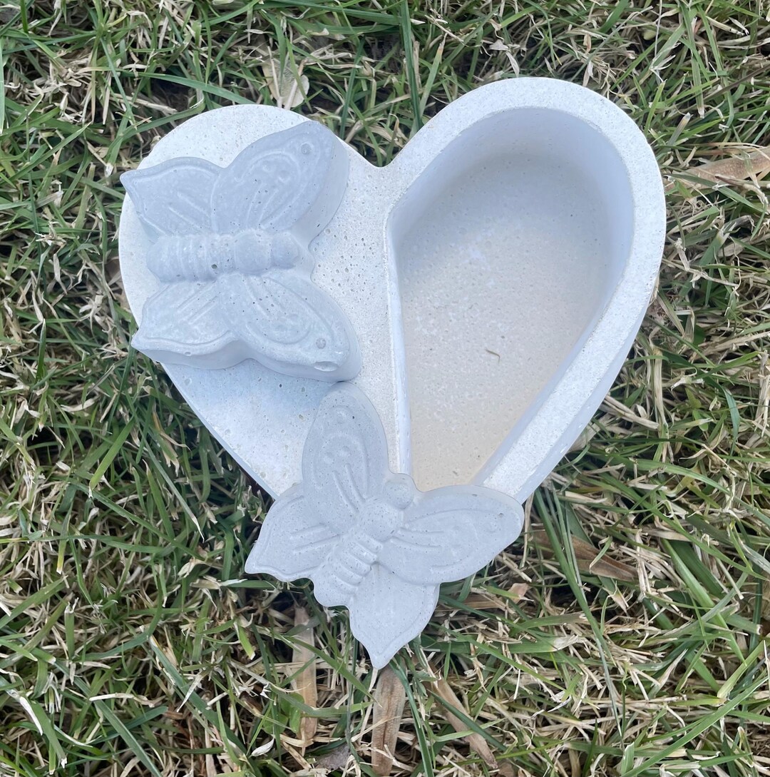 Cement Heart BEE Puddler | Heart BUTTERFLY Bath | Pollinator Garden ...