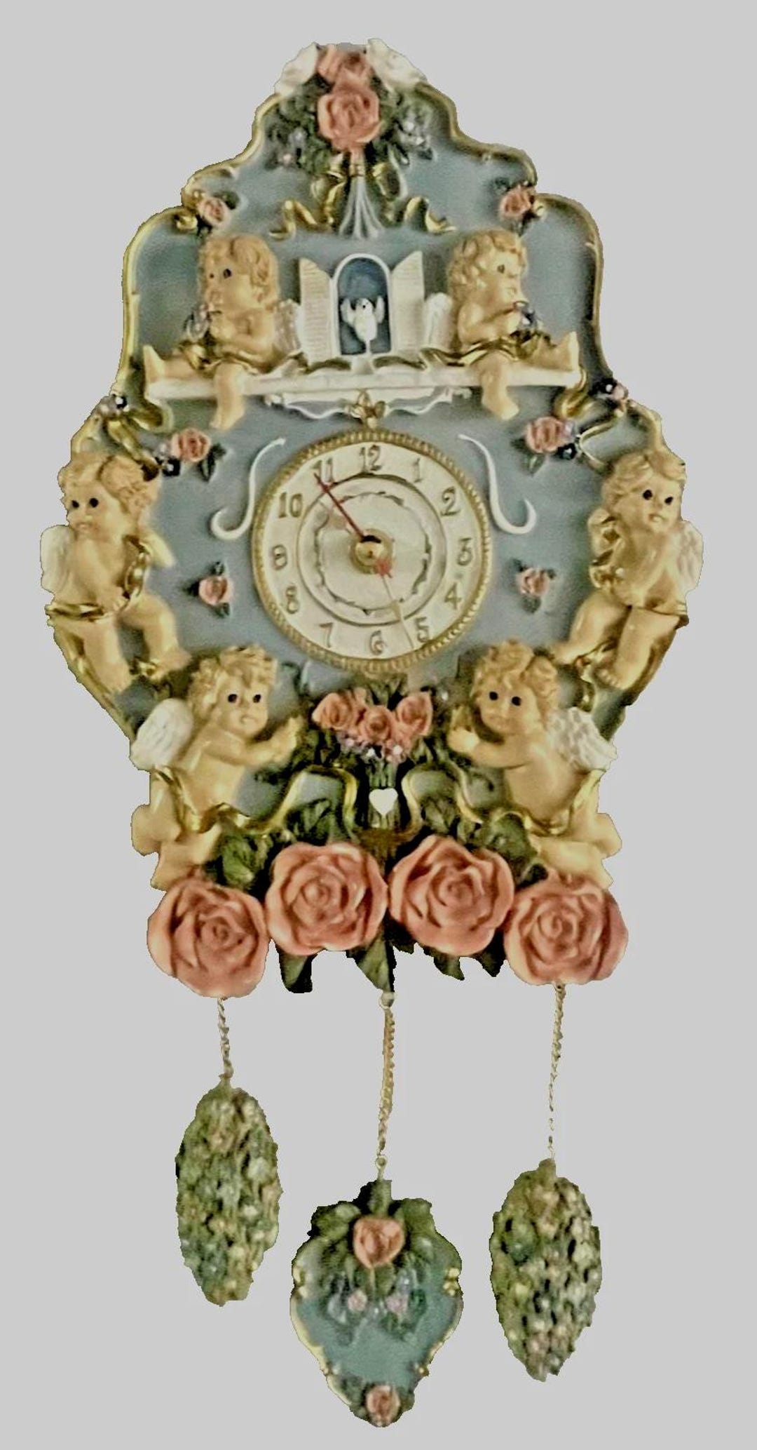 Vintage Cherub Angel Wall Clock W Chime Pink Roses Resin Pendulum WORKS ...