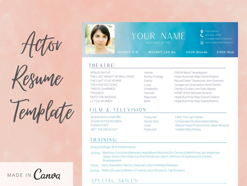 Actor Resume Template Actor Resume Template With Headshot 8 | Etsy