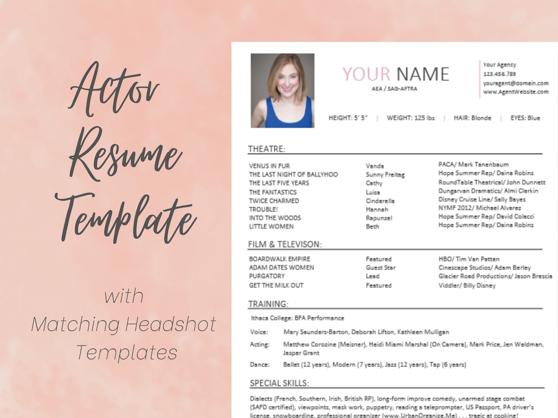 Actor Resume Template With Matching Headshot Templates | 8 X 10 Acting ...