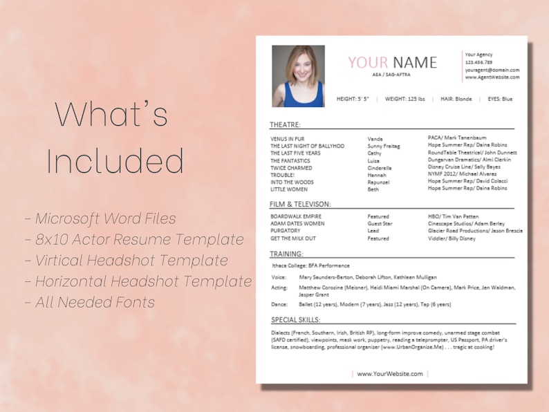 Actor Resume Template With Matching Headshot Templates | 8 X 10 Acting ...