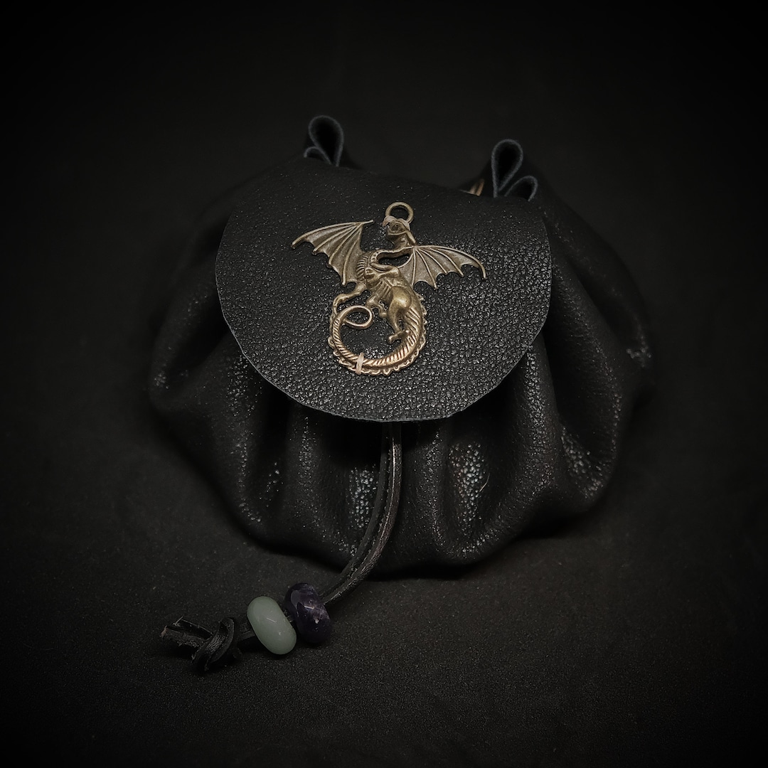 Handmade Leather Dice Bag / Metal Dragon/ Black / Suitable for 5-6 Sets ...