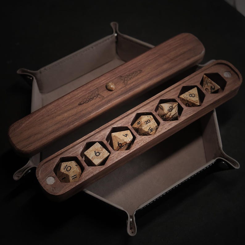 COMBO / Wood Grain Stone Dice Set With Black Cherry Wood Box & Tray - Etsy