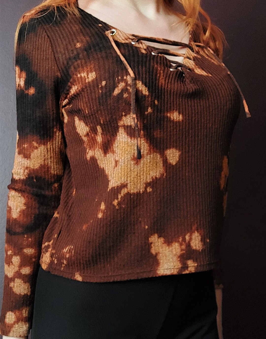 Handdyed Bleach Batik Shirt Rib Top Long Sleeve Shirt With Lacing Size ...