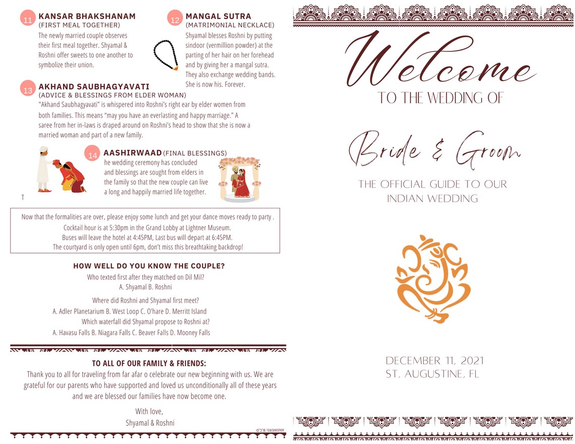 Hindu/indian Wedding Program, Timeline or Fun Fact Sheet - Etsy
