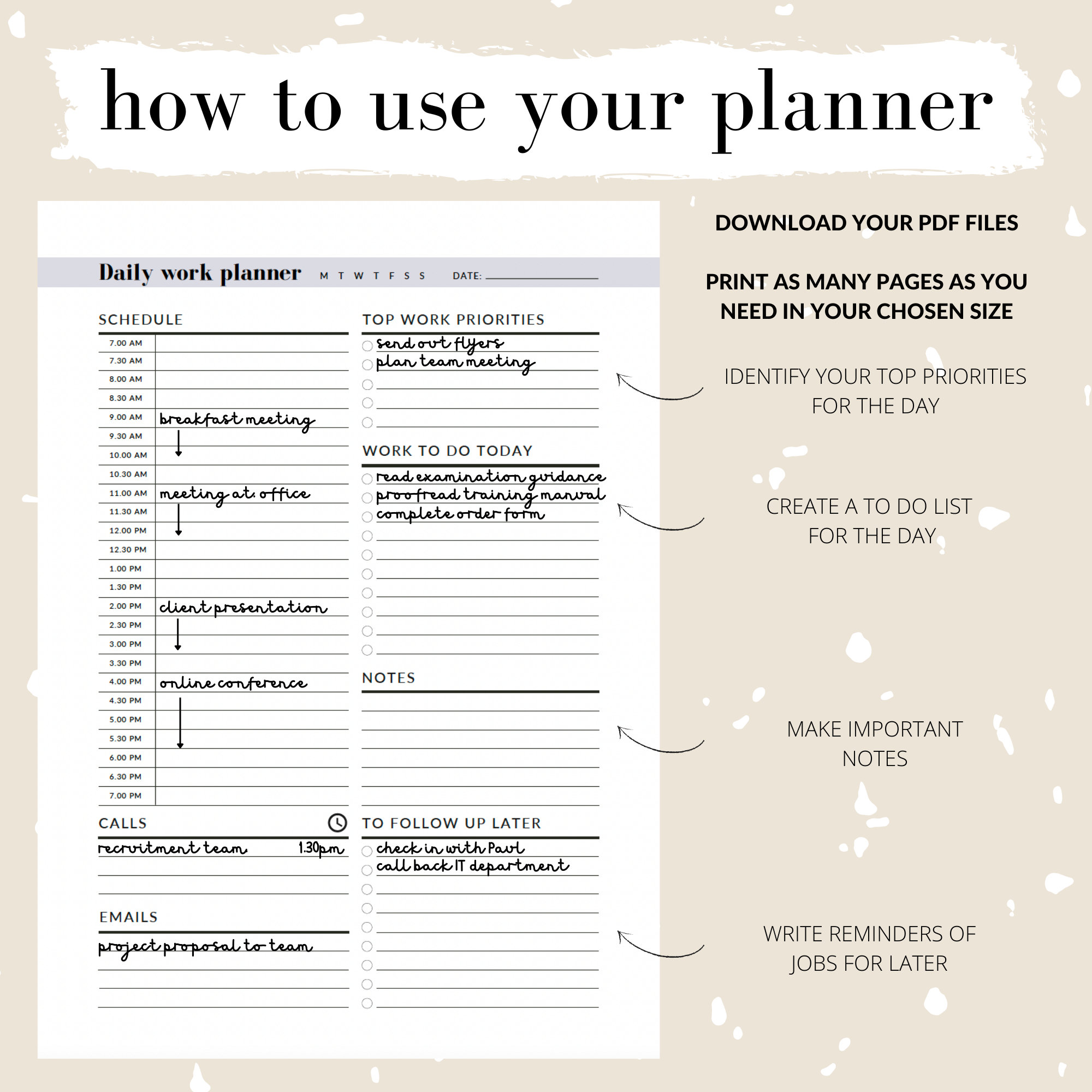 Work Planner Printable, Daily Hourly Planner Undated, Work From Home ...