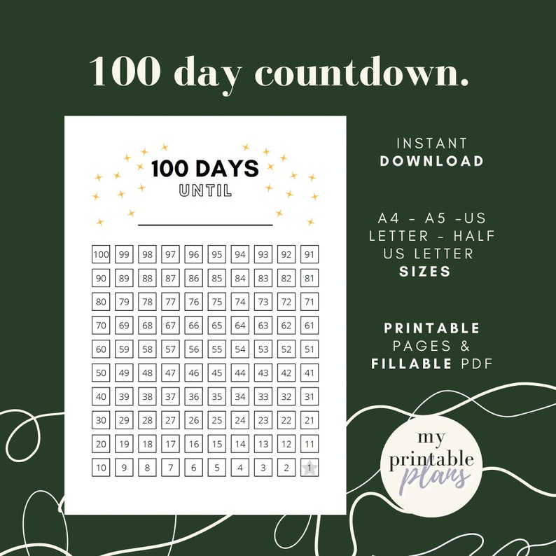 100 Day Countdown, Printable Planner Pages, Countdown Calendar, Wedding ...