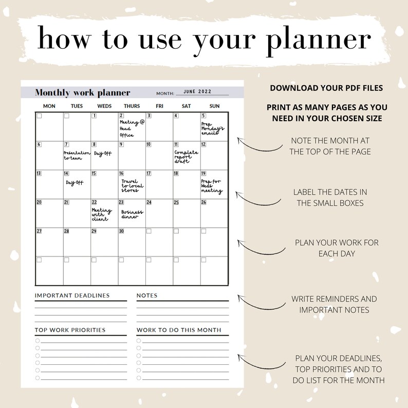 Work Planner Printable, Monthly Schedule Undated, Work From Home ...