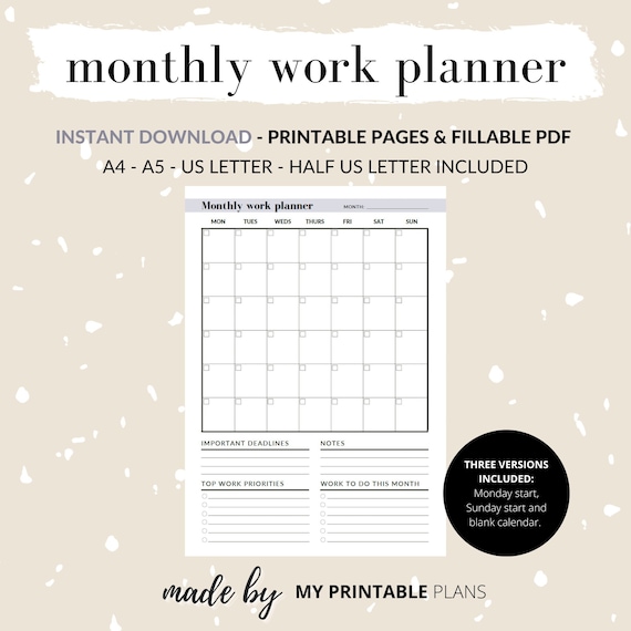 Work Planner Printable Monthly Schedule Undated Work From - Etsy
