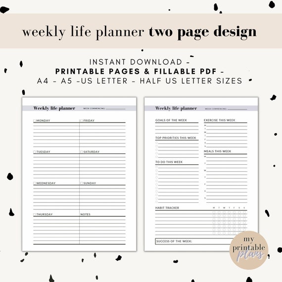 Weekly Planner Printable Undated Two Page Planner Weekly - Etsy