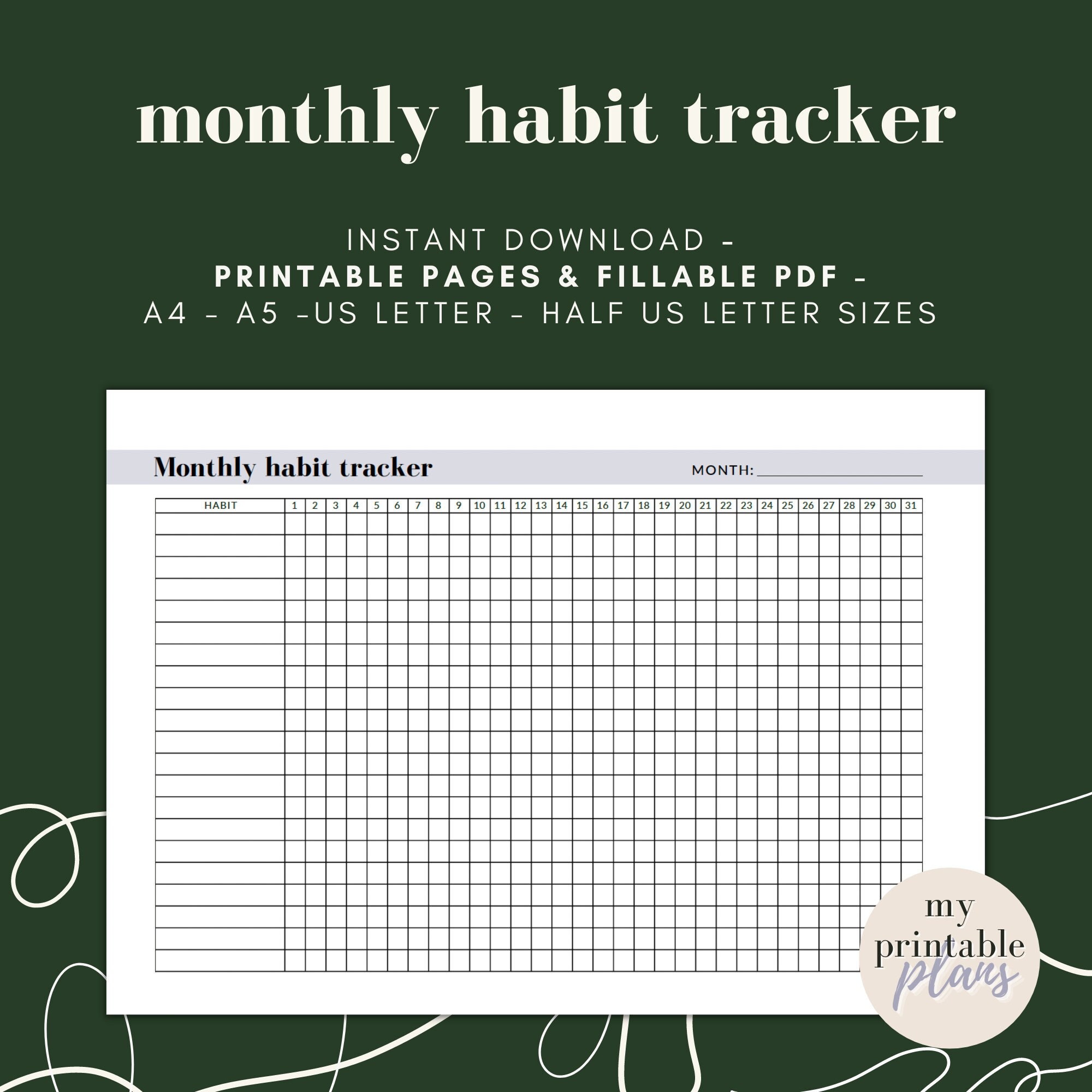 Monthly Habit Tracker, Printable Planner Pages, Self Care Planner ...