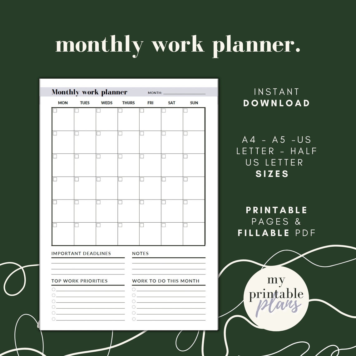 Work Planner Printable, Monthly Schedule Undated, Work From Home ...