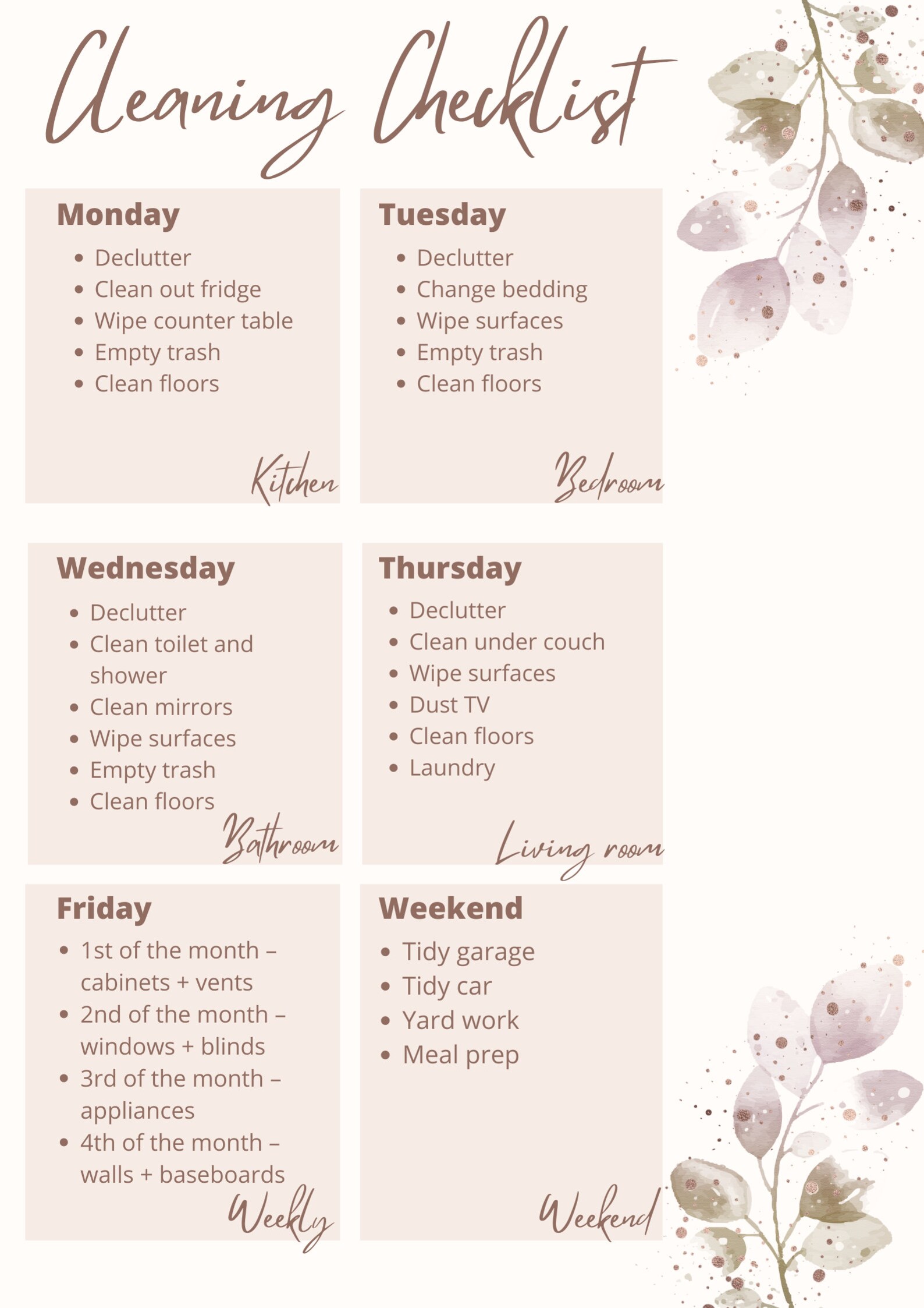 Minimalist Cleaning Checklist Printable , Weekly Cleaning Schedule ...