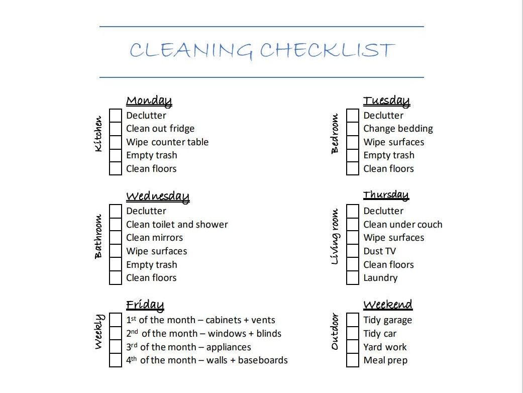 Minimalist Cleaning Checklist Printable , Weekly Cleaning Schedule ...