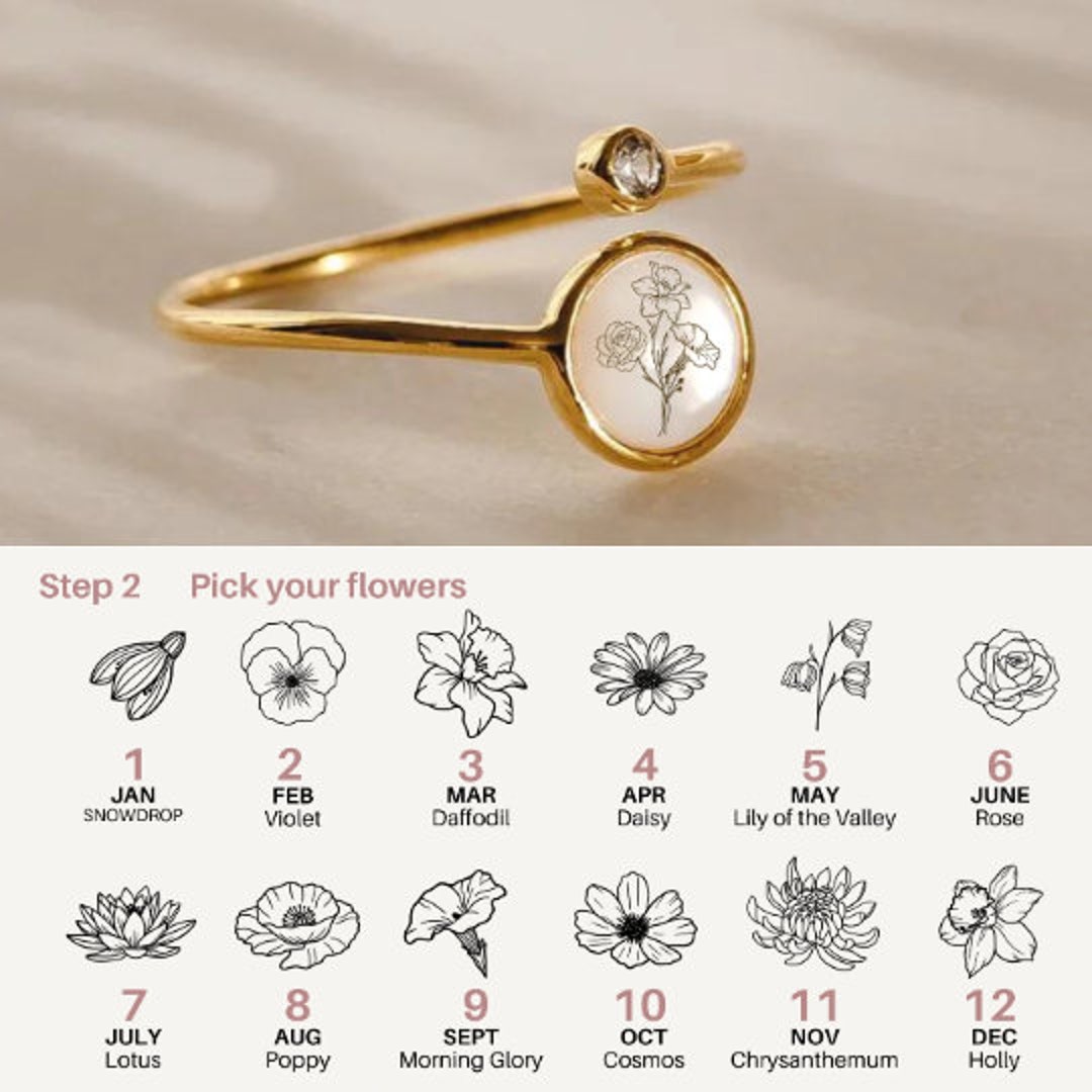 Mother of Pearl Ring, Personalized Birth Flower Ring, Birth Month Ring ...
