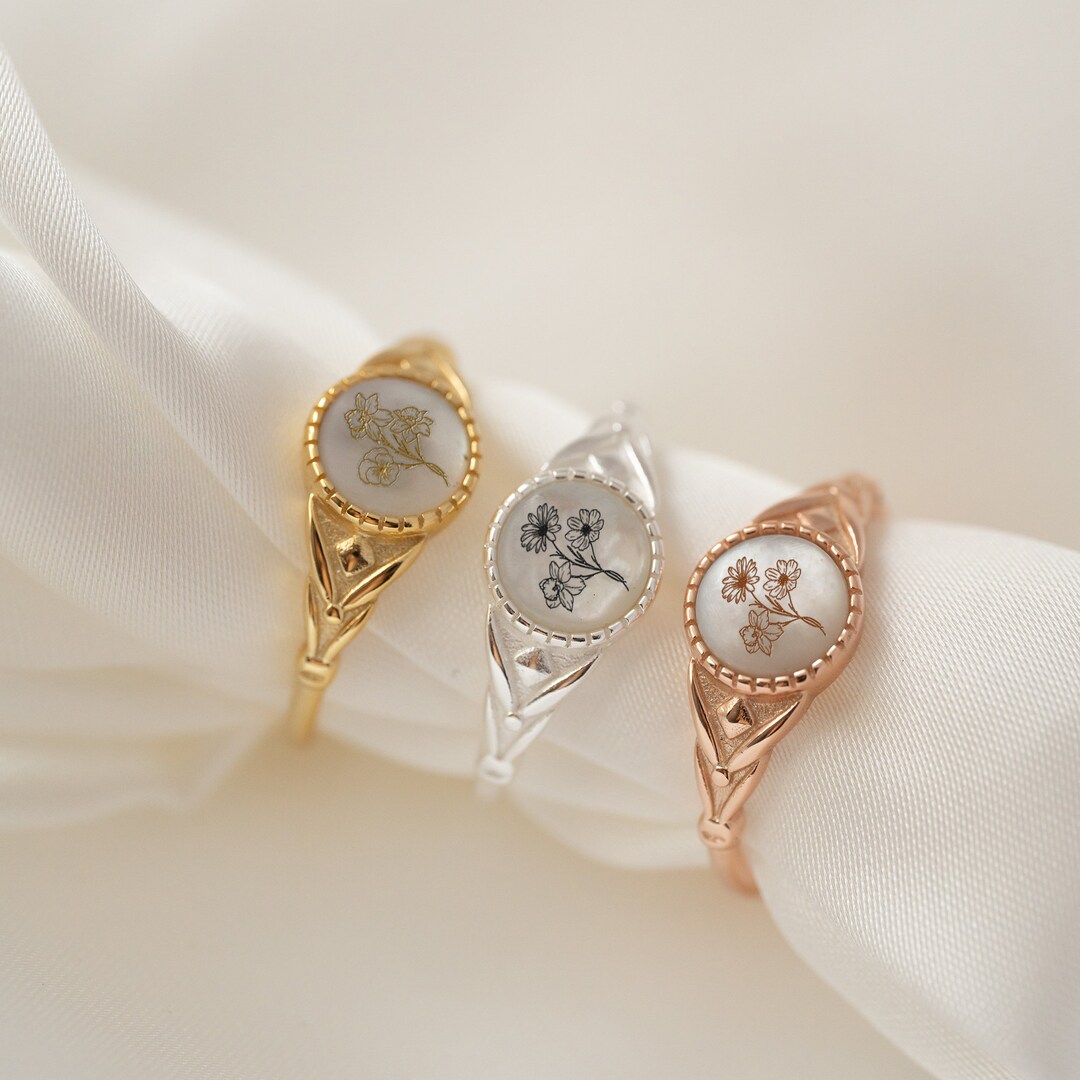 Mother of Pearl Ring Birth Month Ring Personalized Birth Flower Jewelry ...