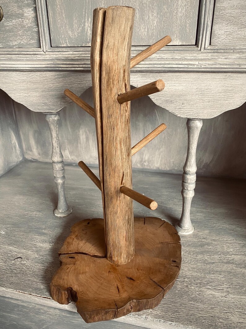 Handmade Wooden Cup Holder – Rustic Coffee Mug Tree Rack | Vintage ...