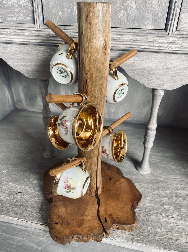 Handmade Wooden Cup Holder – Rustic Coffee Mug Tree Rack | Vintage ...