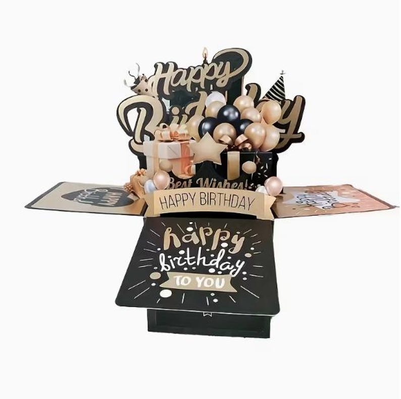 3D Pop-up Birthday Card – Elegant Black and Gold Design, Balloons ...