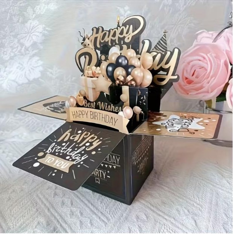 3D Pop-up Birthday Card – Elegant Black and Gold Design, Balloons ...
