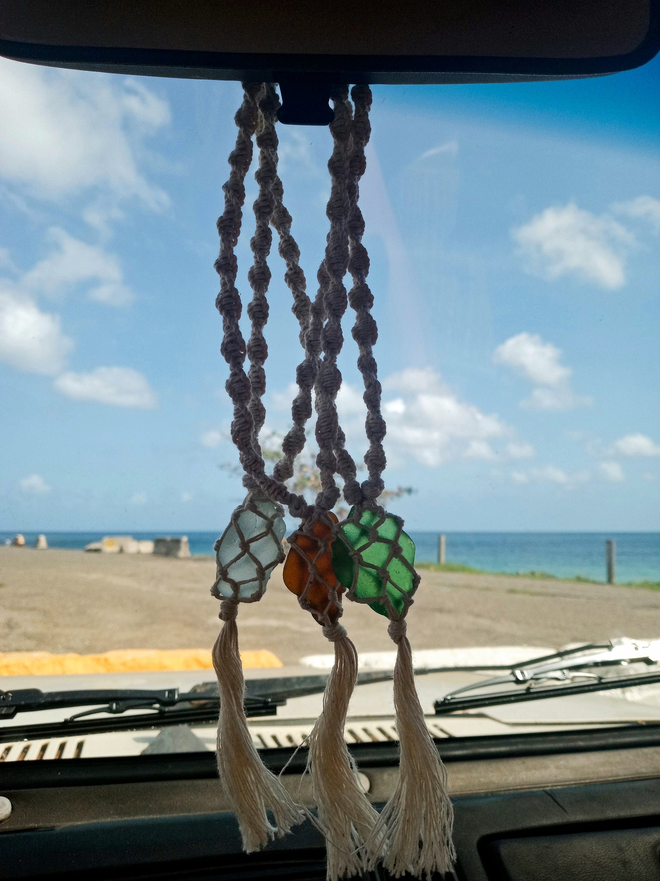 Handmade Sea Glass Car Charm-macrame Beach Glass-rear View Mirror ...