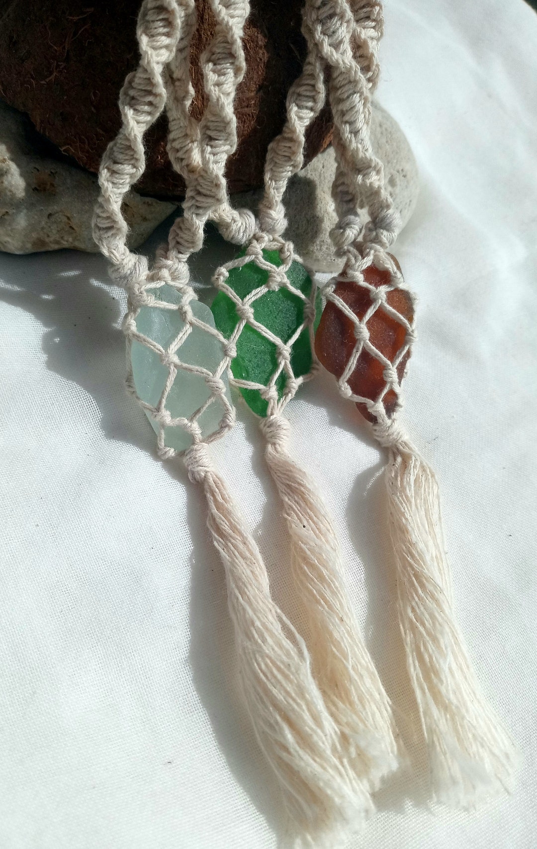 Handmade Sea Glass Car Charm-macrame Beach Glass-rear View Mirror ...