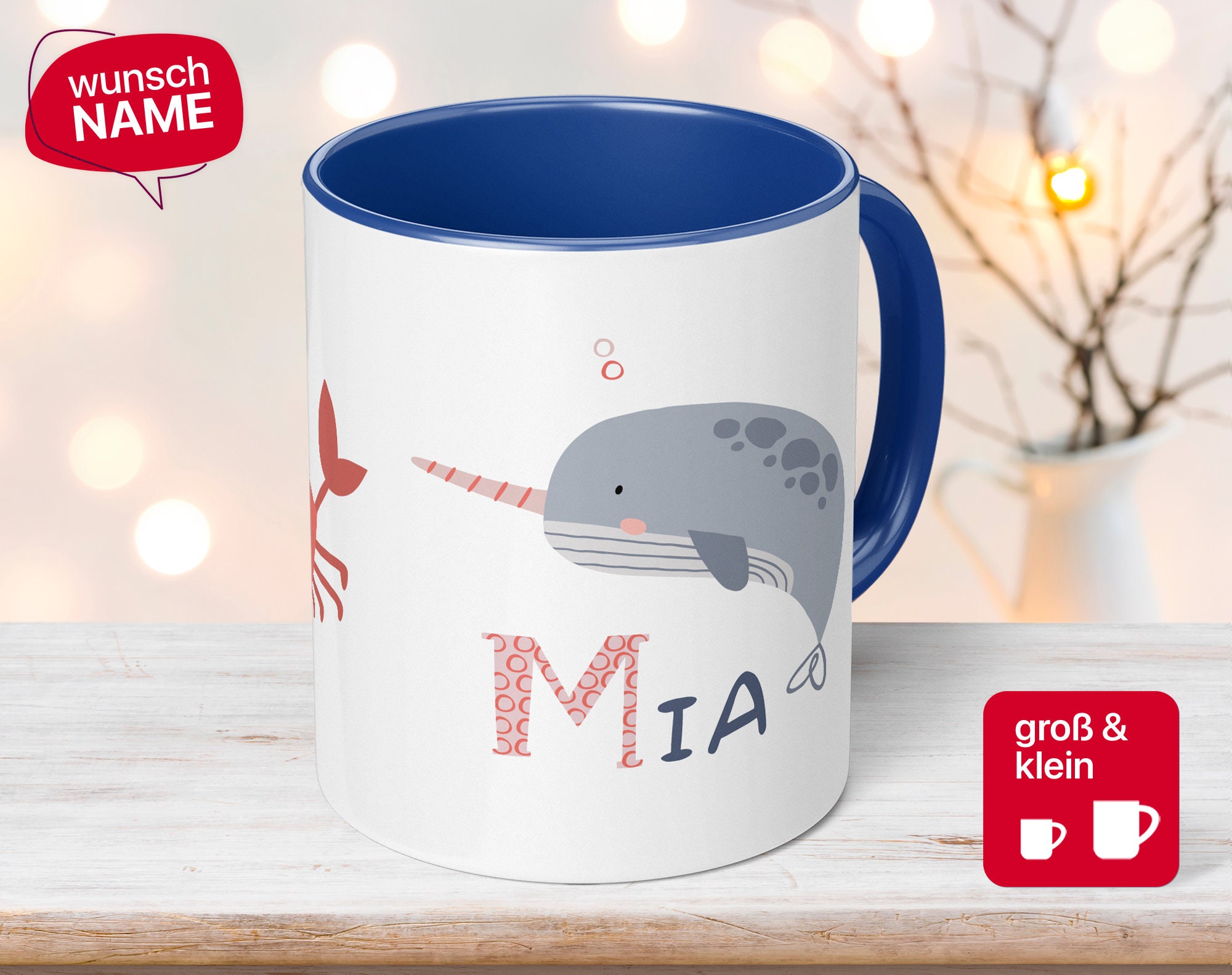 Tasse mit Namen für Kinder - handgemacht mit Einhorn-Wal (Narwal) - für ...