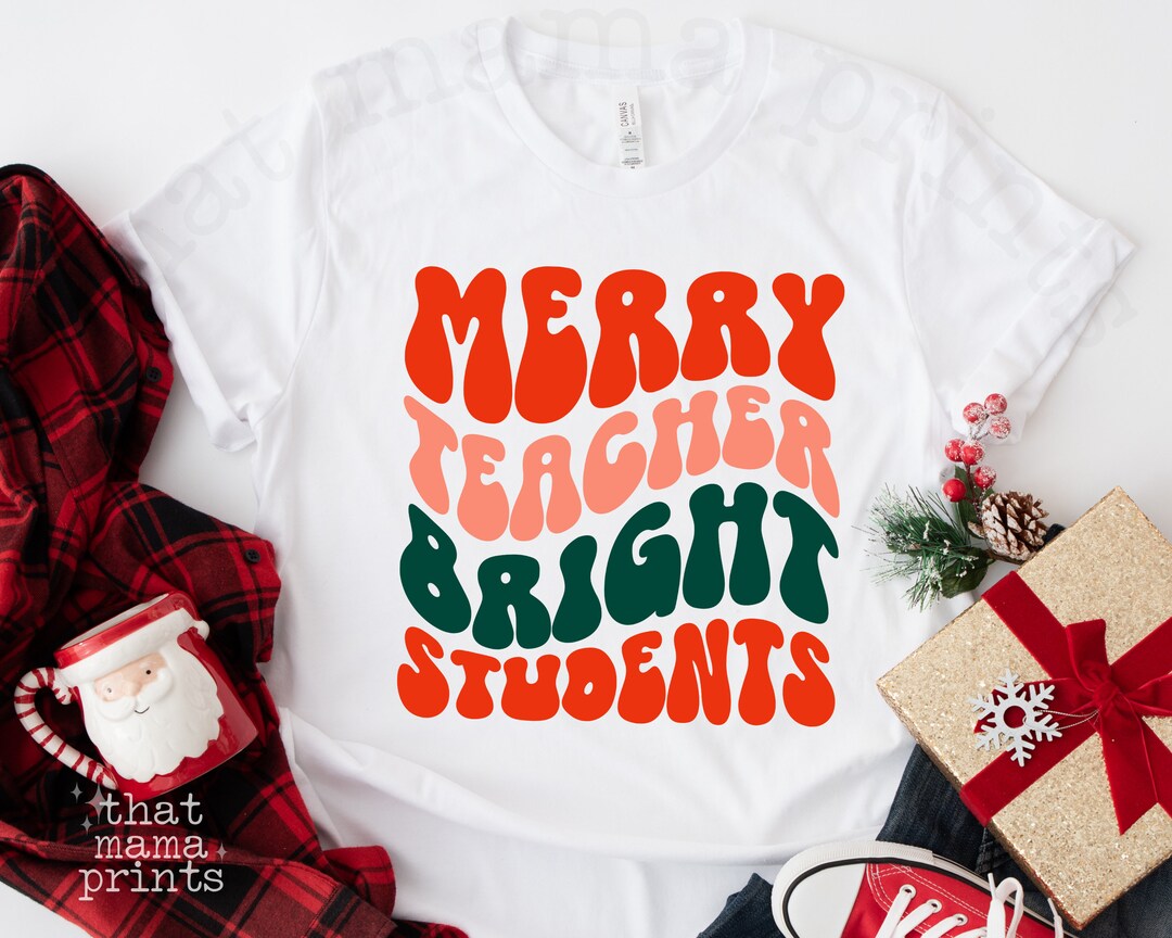 Merry Teacher Bright Students SVG & PNG, Retro Christmas Teacher Shirt ...
