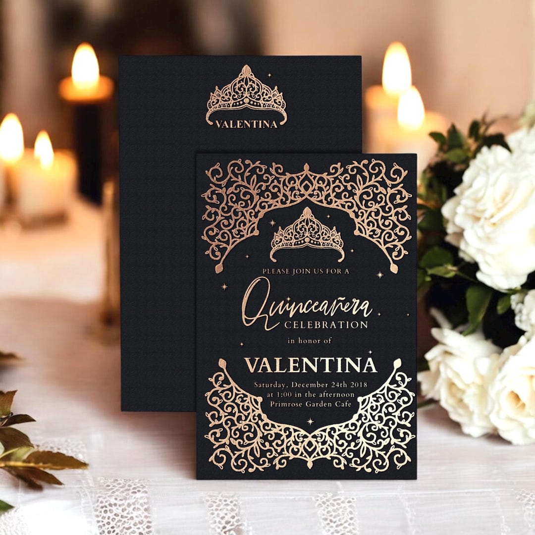 3D Quinceañera Invitation Made of Black Paper Coated With Acrylic, Gold ...