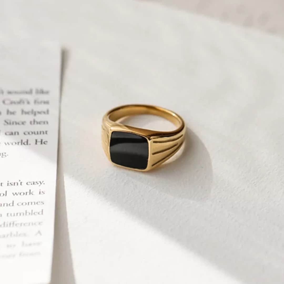 18k Gold Black Enamel Large Signet Ring, Gold Plated Ring, Waterproof Ring, Statement Ring ...