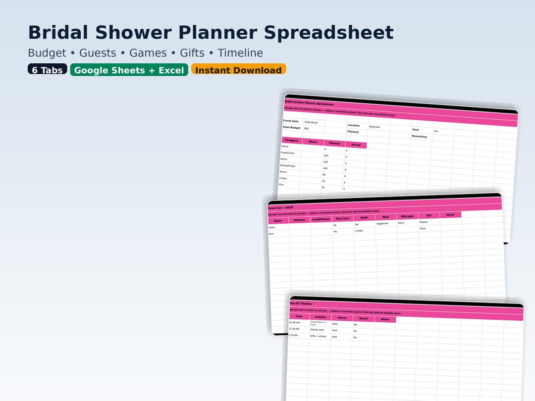 Bridal Shower Planner Spreadsheet | Google Sheets + Excel | Instant ...