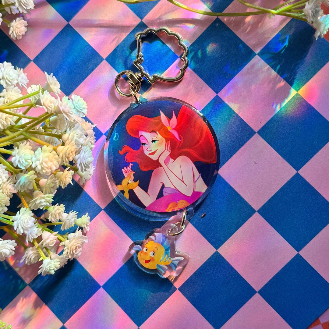 Ariel & Flounder Acrylic Charm | Little Mermaid Keychain | Epoxy Coated ...
