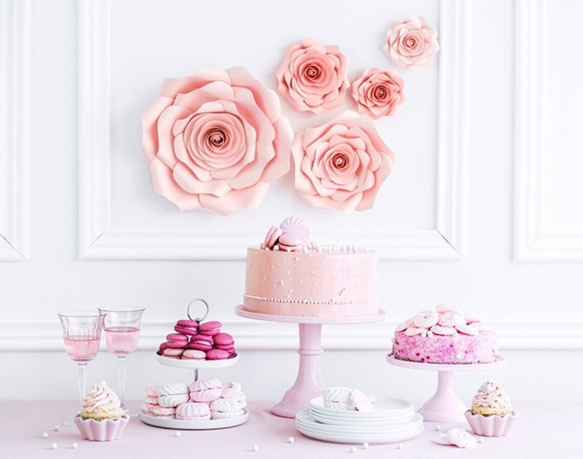 Pink Paper Flower Backdrop | Set of 5 Pastel Pink Paper Flower Decor ...