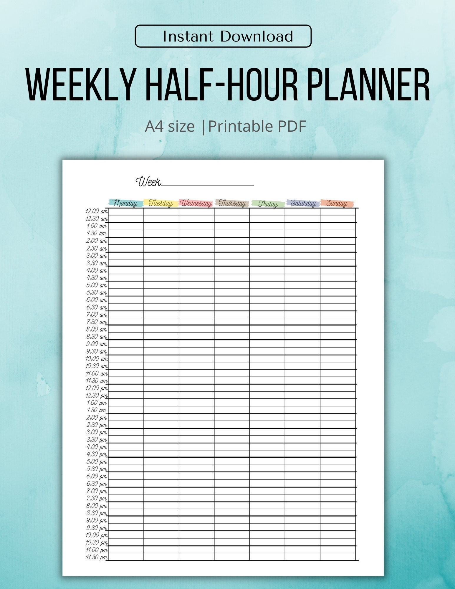 Weekly 24 Hour Planner (half-hour Increments) - Etsy