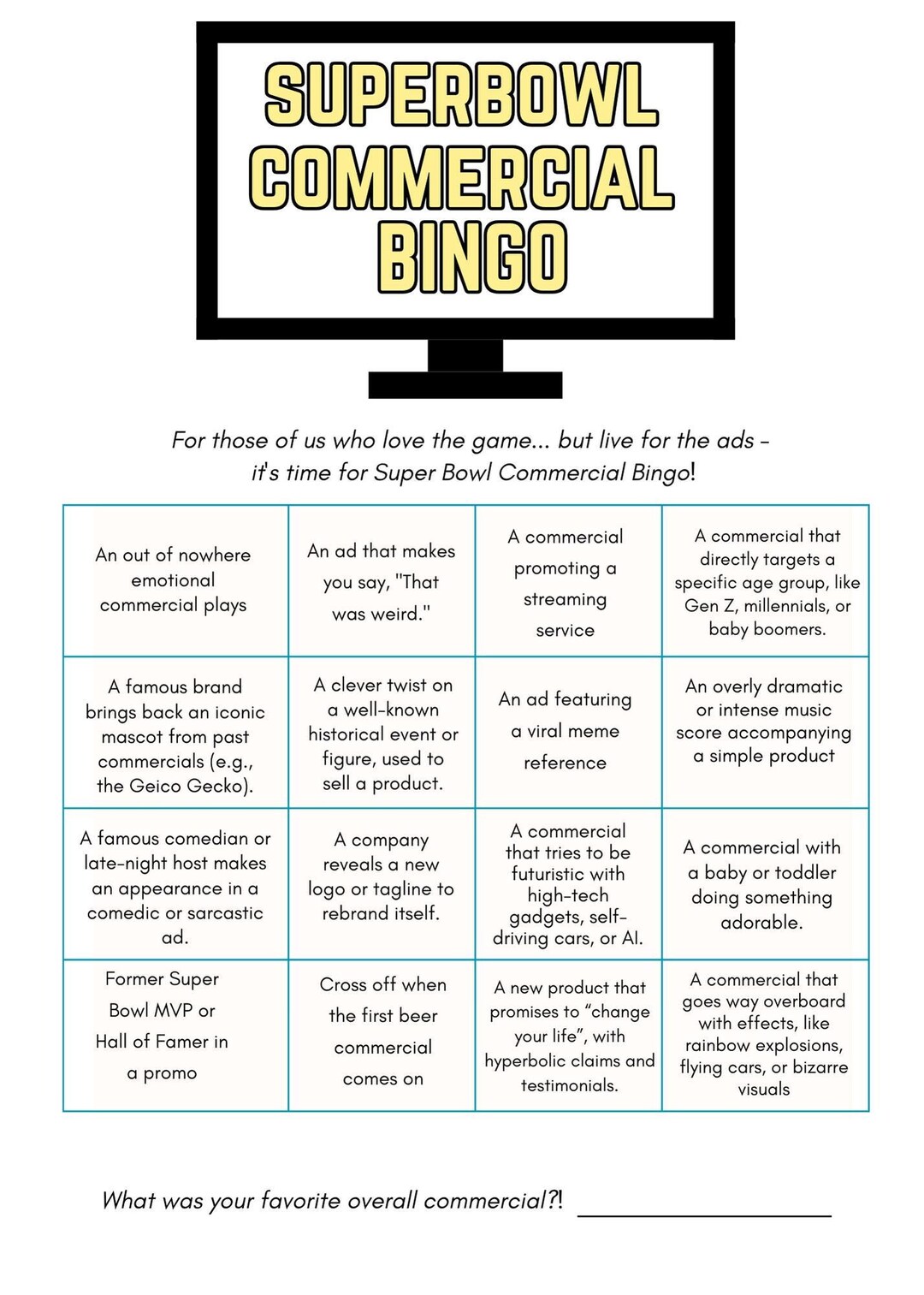 Super Bowl Commercial Bingo Card Fun Game for Watching Commercials ...