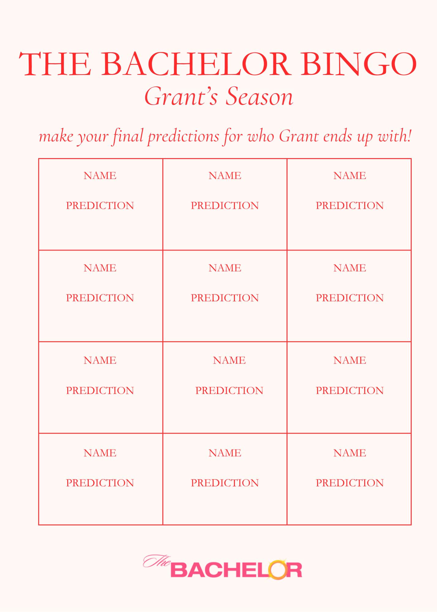 The Bachelor Bingo Card - Fun TV Watching Game - Printable Bingo for ...