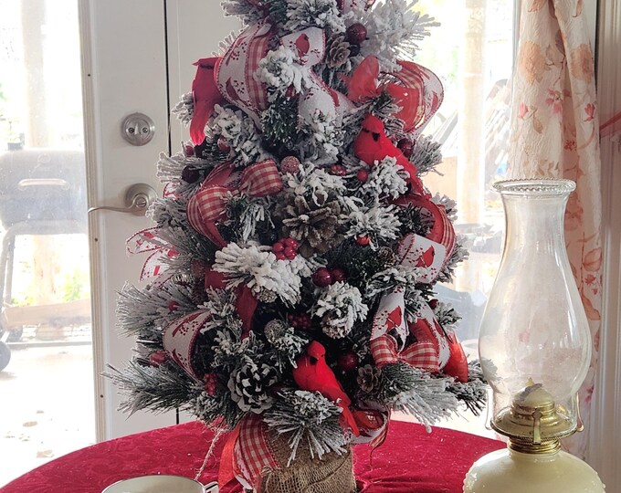 Pre-lit Tabletop Flocked Cardinal and Ribbon Christmas Tree - Etsy