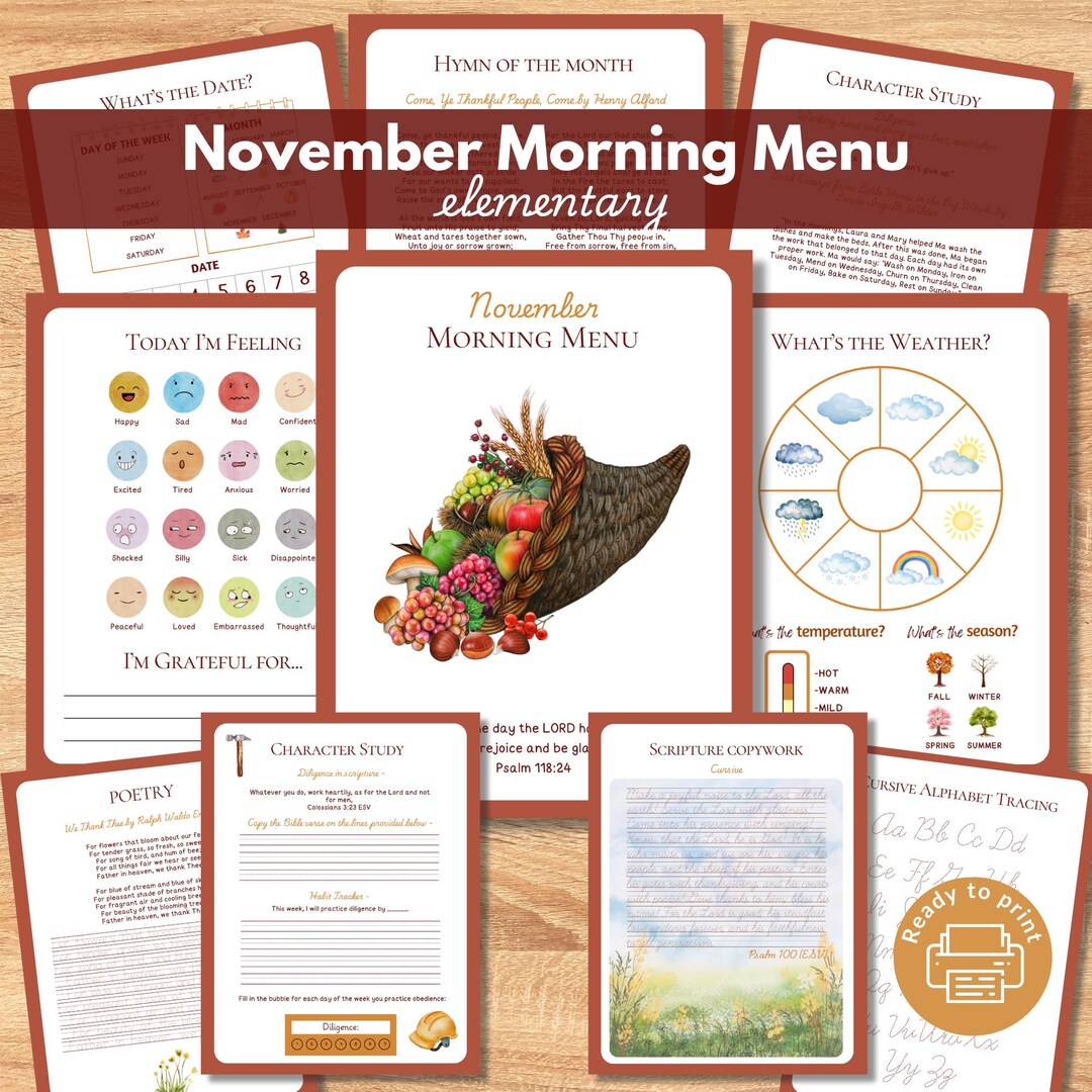 November Morning Menu, Charlotte Mason Homeschool, Elementary Printable ...