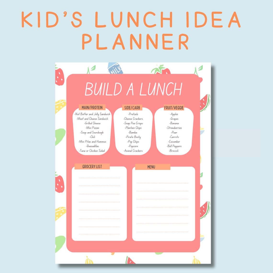 Editable Meal Planner for Kids, Lunch Ideas Printable, School Lunch ...