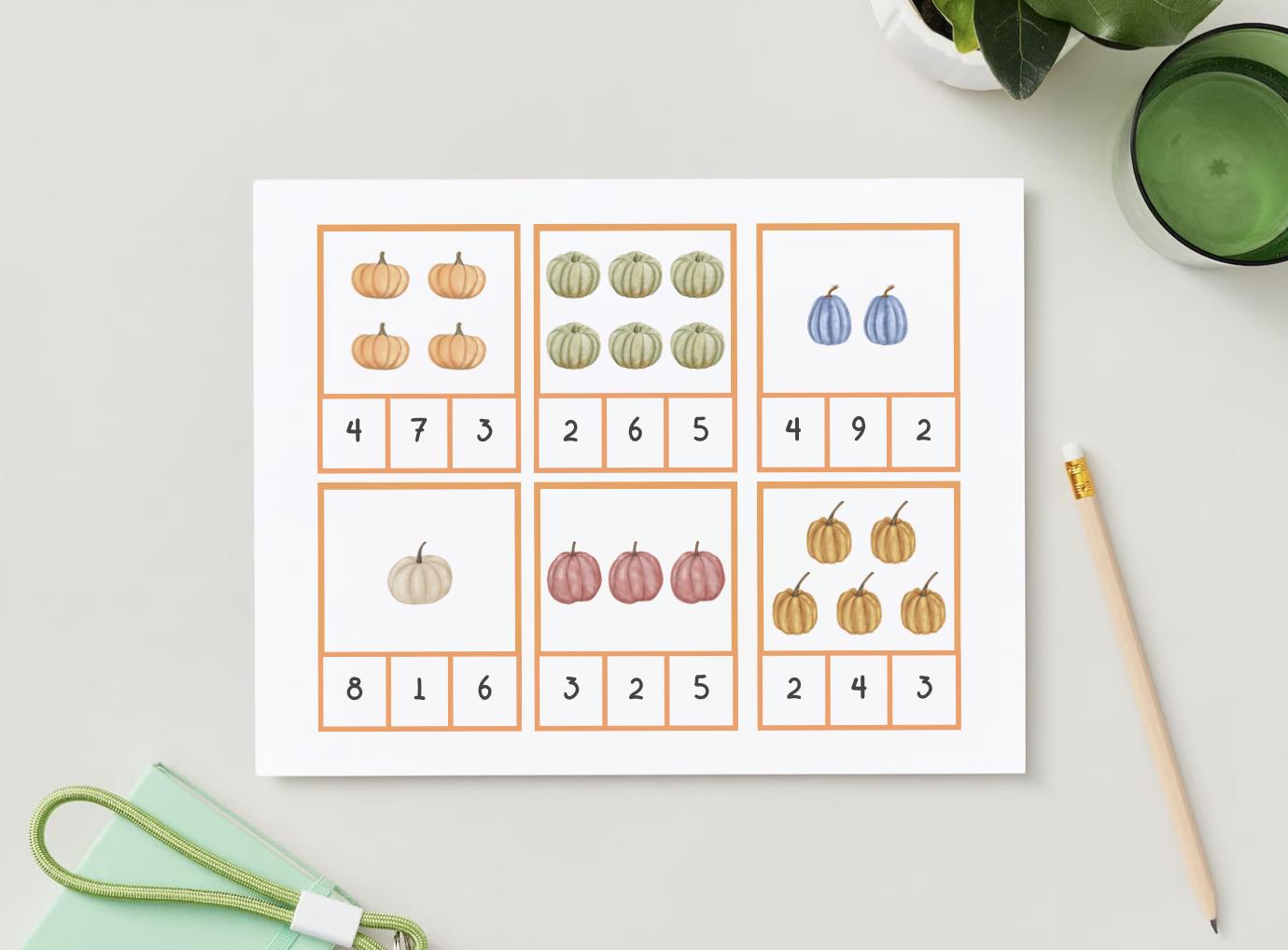 Count and Clip Cards Pumpkins, Printable Fall Math Activity, Counting ...