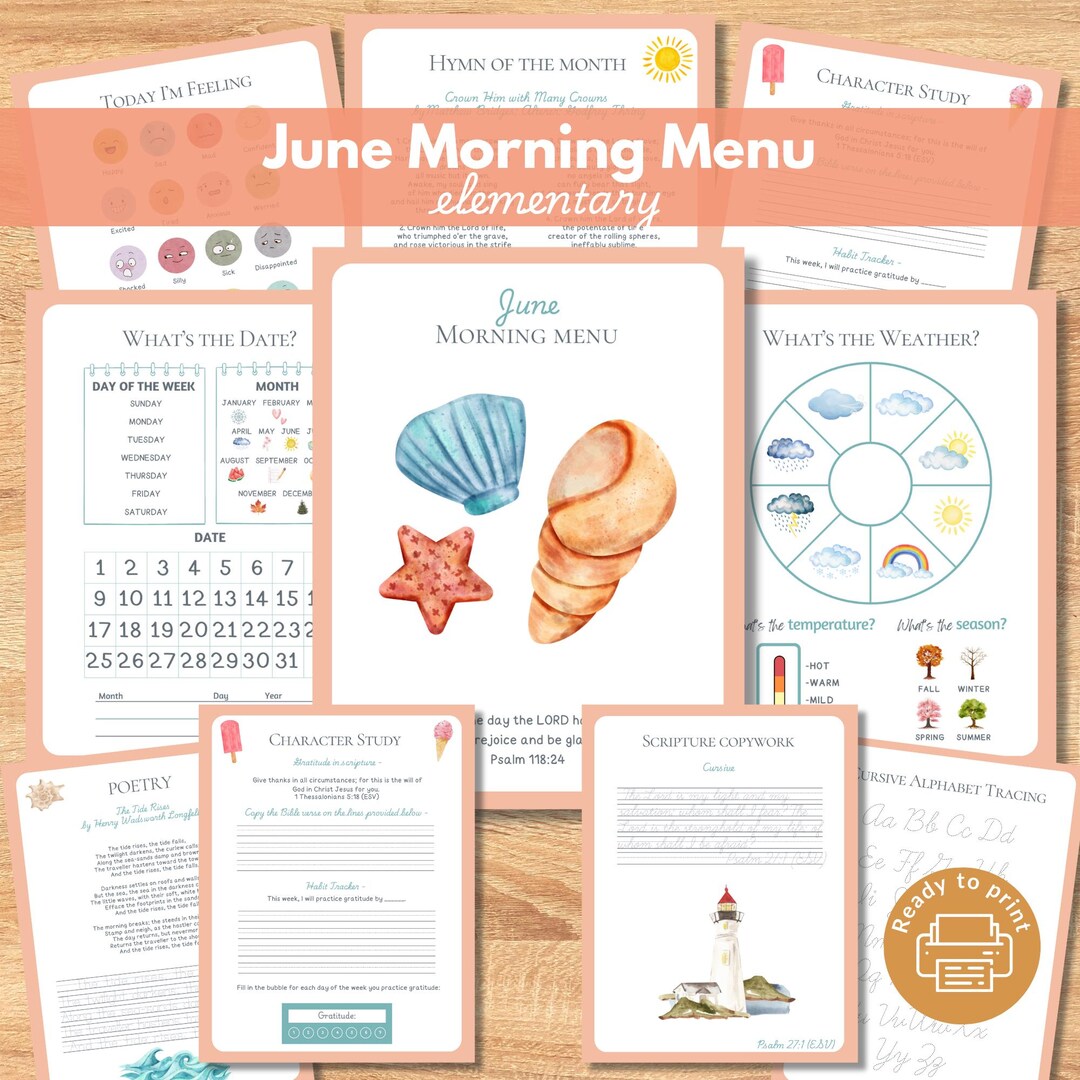 June Charlotte Mason Morning Menu Pages, Summer Morning Quiet Time ...