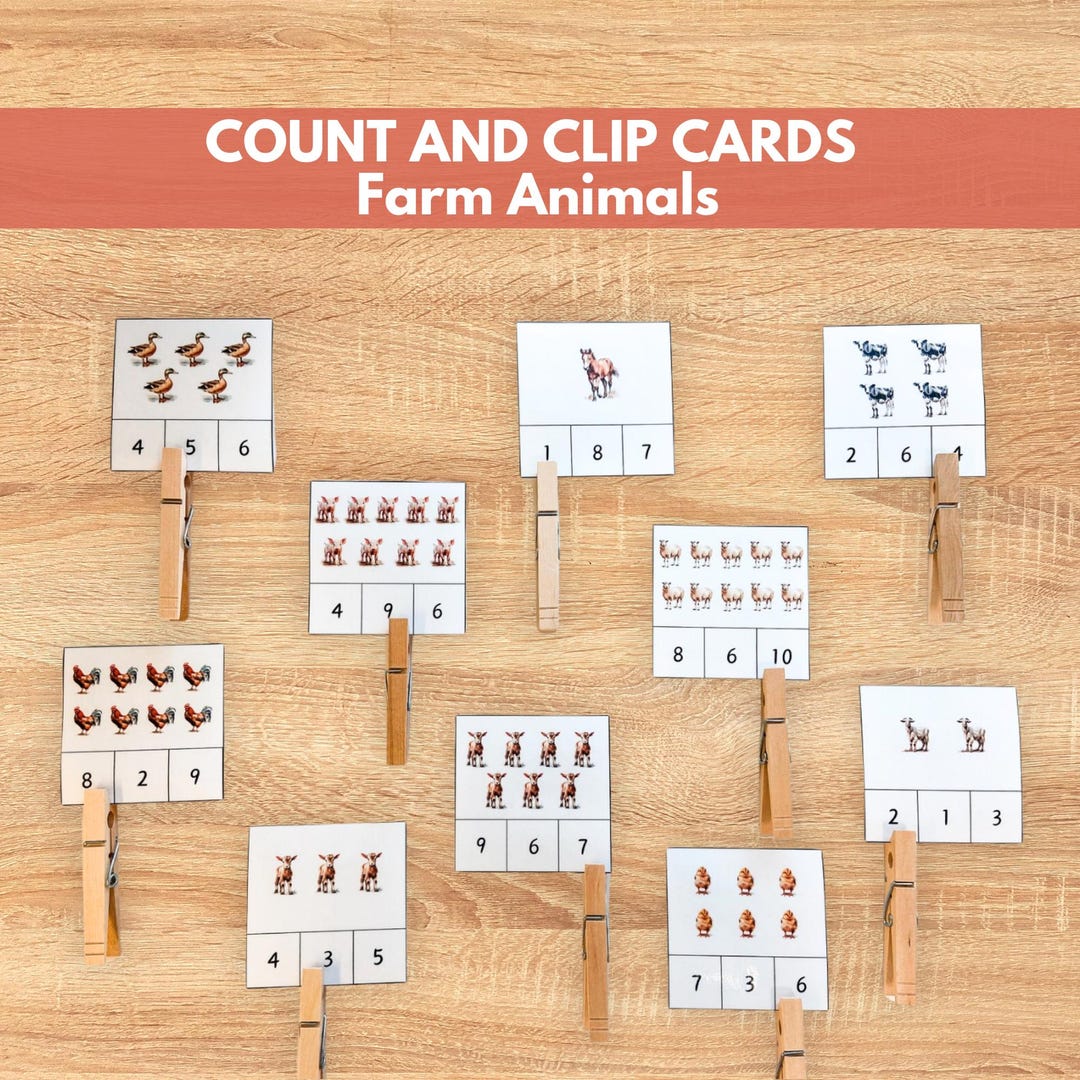 Farm Animals Count and Clip Cards, Preschool Math (printable PDF) - Etsy