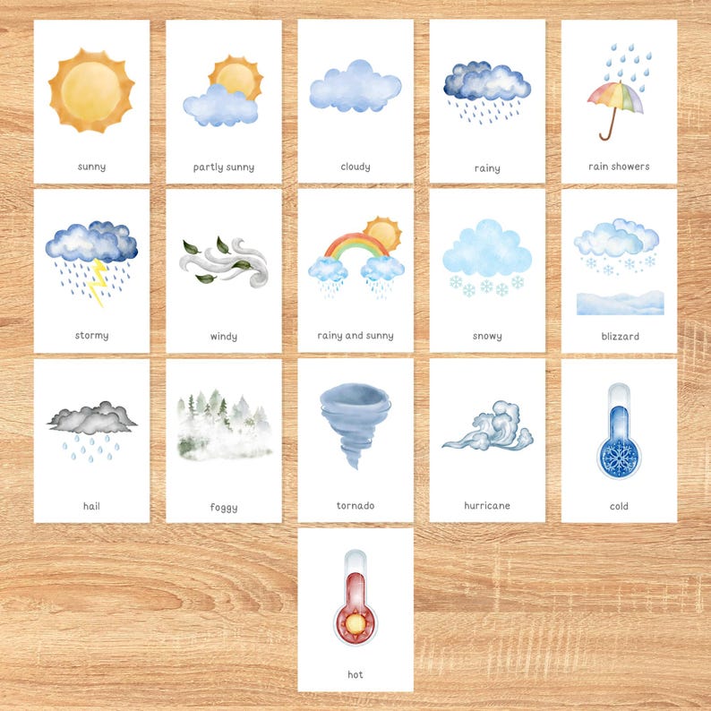 16 Weather Flash Cards, Printable Montessori Materials, Toddler ...