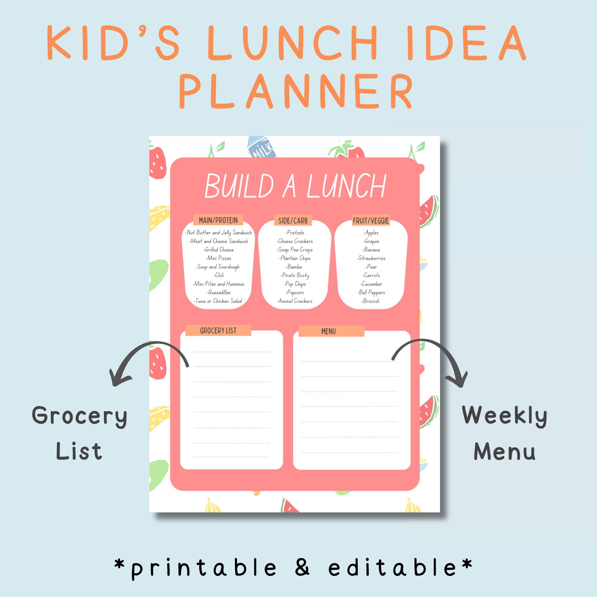 Editable Meal Planner for Kids, Lunch Ideas Printable, School Lunch ...