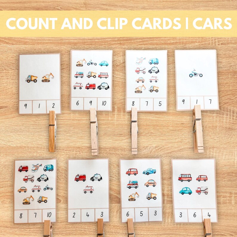 Transportation Numbers Cards, Cars Count and Clip Preschool Math - Etsy